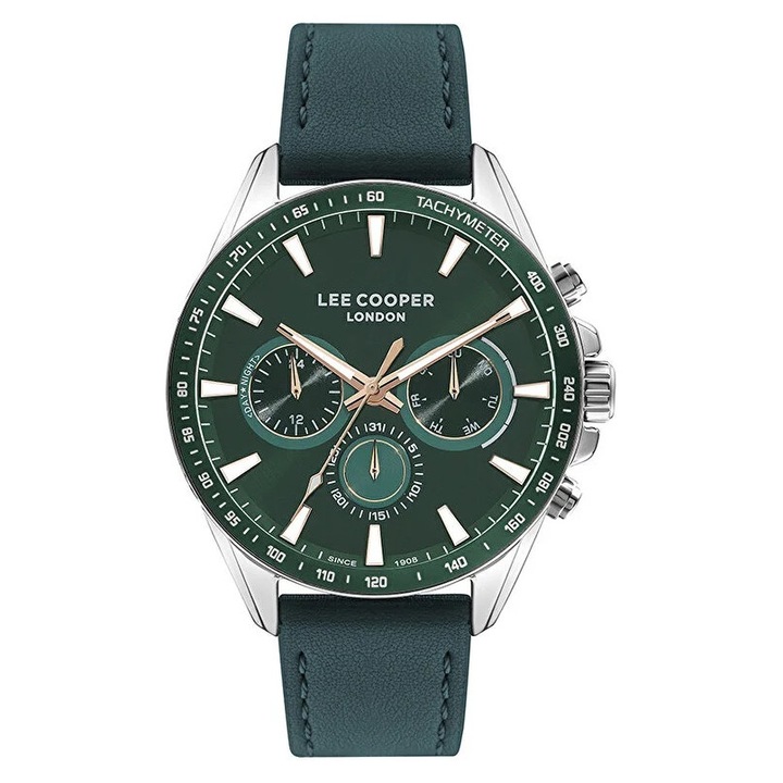 Ceas barbatesc Lee Cooper LC07598.377, 46mm, argintiu si verde, curea ...