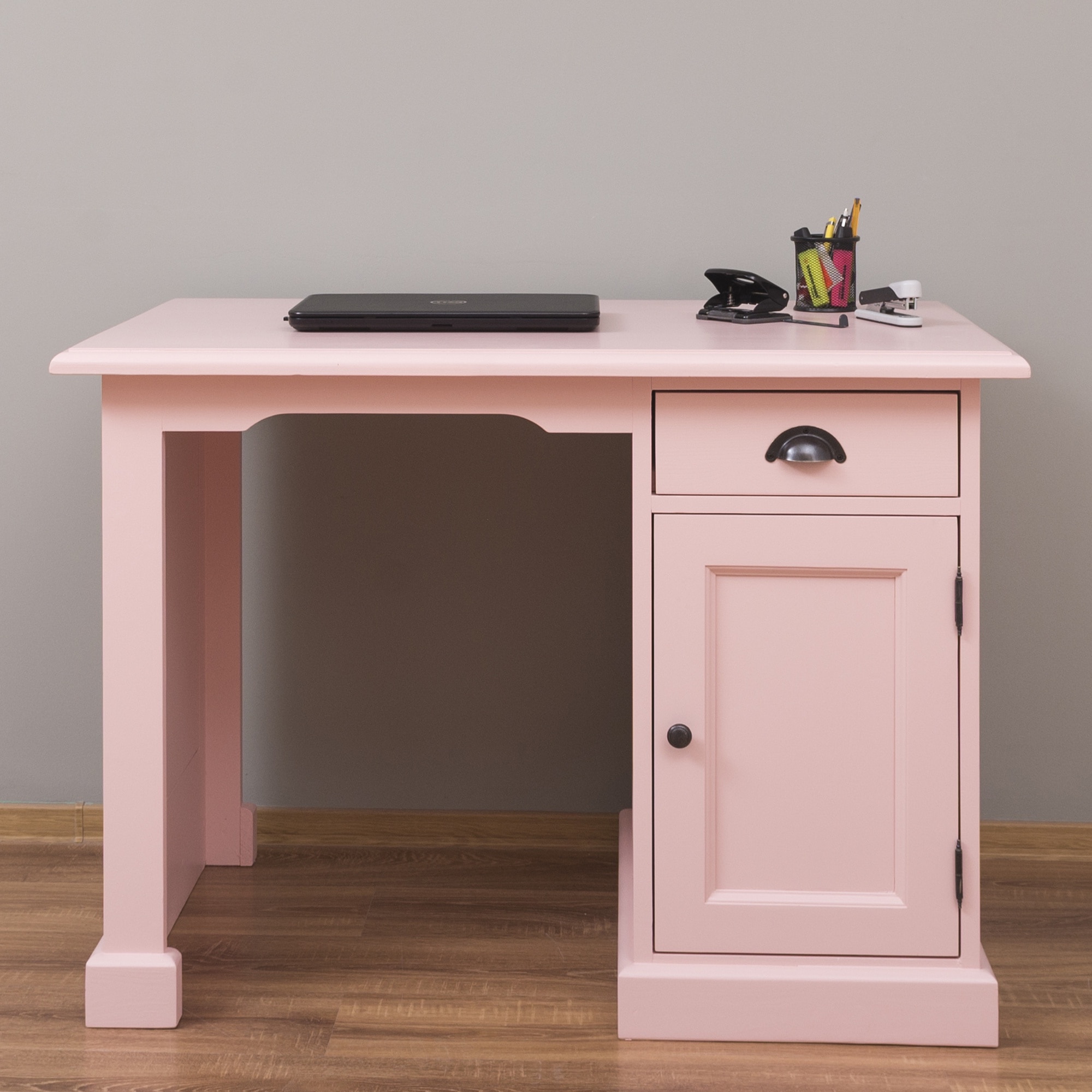 Birou cu 1 usa si 1 sertar, culoare roz P043, vopsit, 100% lemn masiv ...
