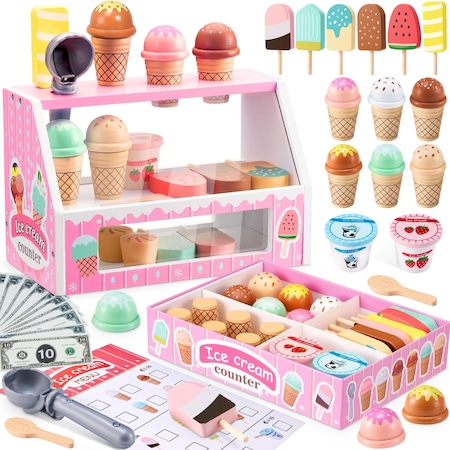 Set de joc cu stand de inghetata din lemn, HNSMART, 6 inghetate, 6 ...