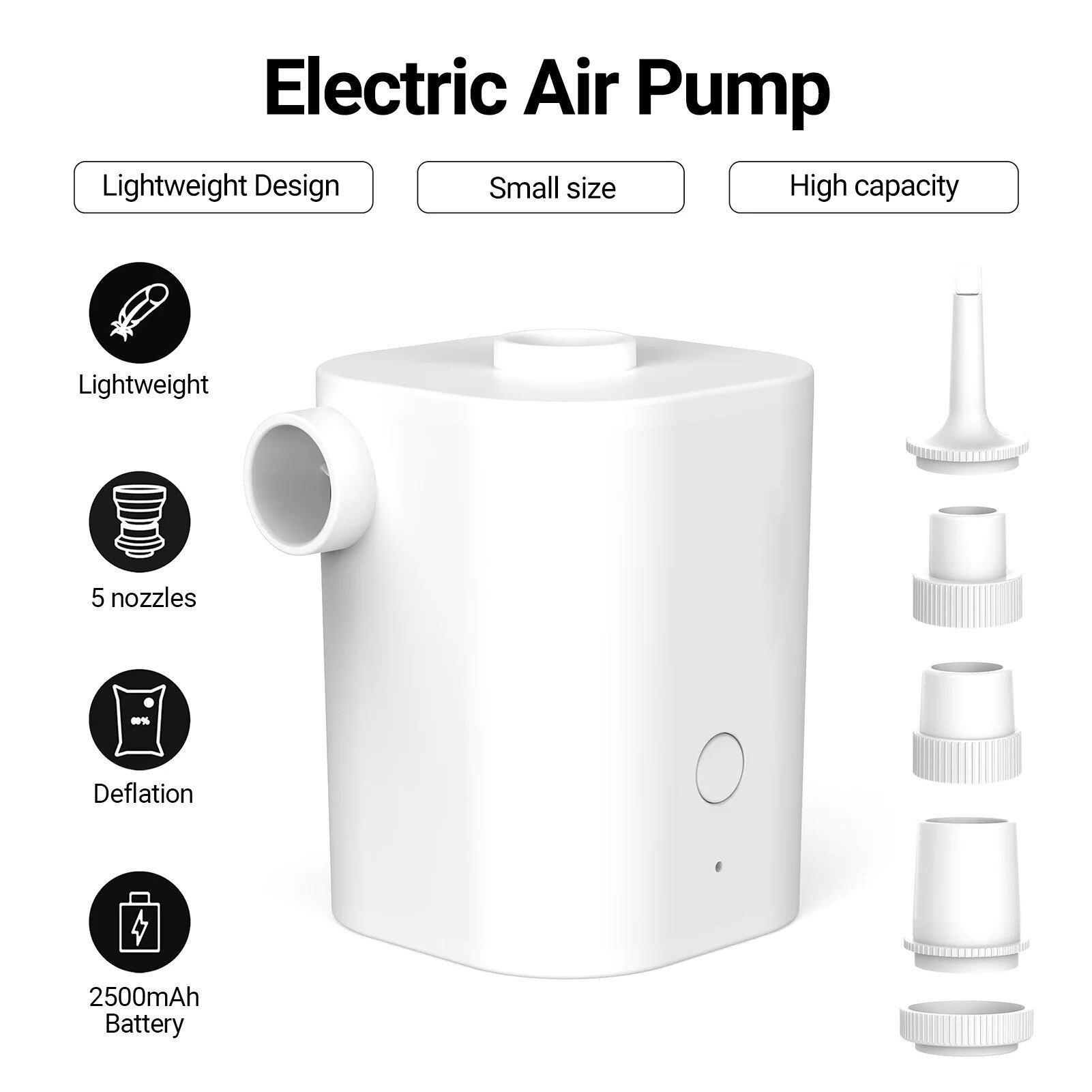 Pompa de umflat electrica, 2500mAh, 5 duze, portabila, 8.2x6.4cm - eMAG.ro