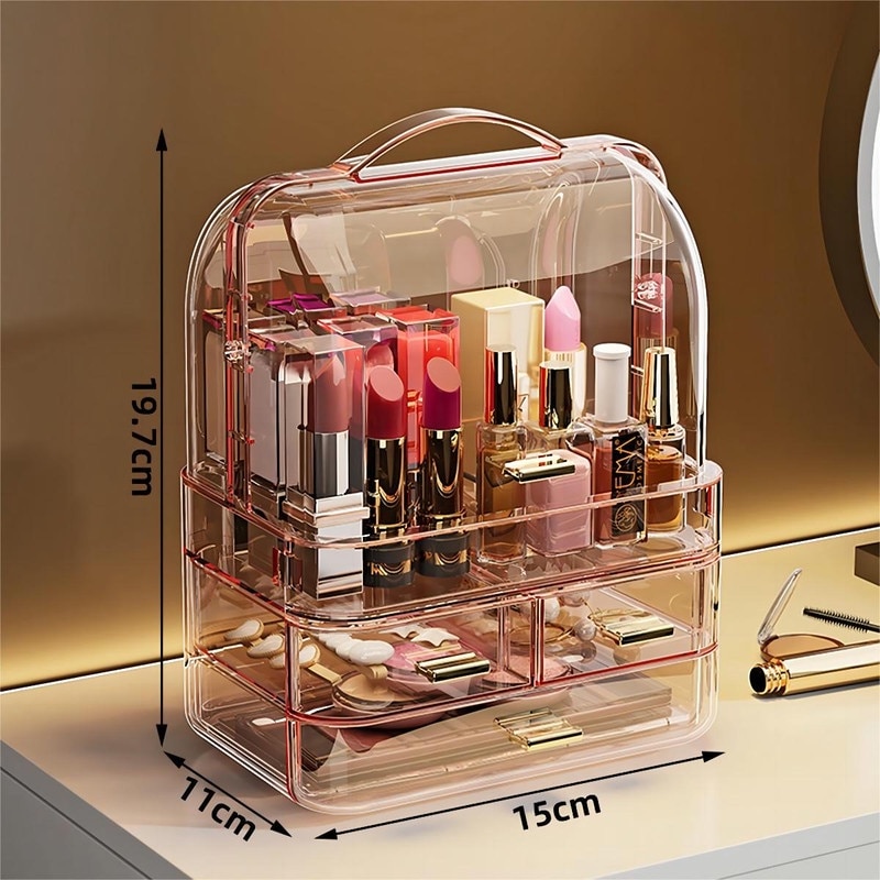 Cutie de depozitare cosmetice transparenta roz, 19.7x15x11cm, design cu ...