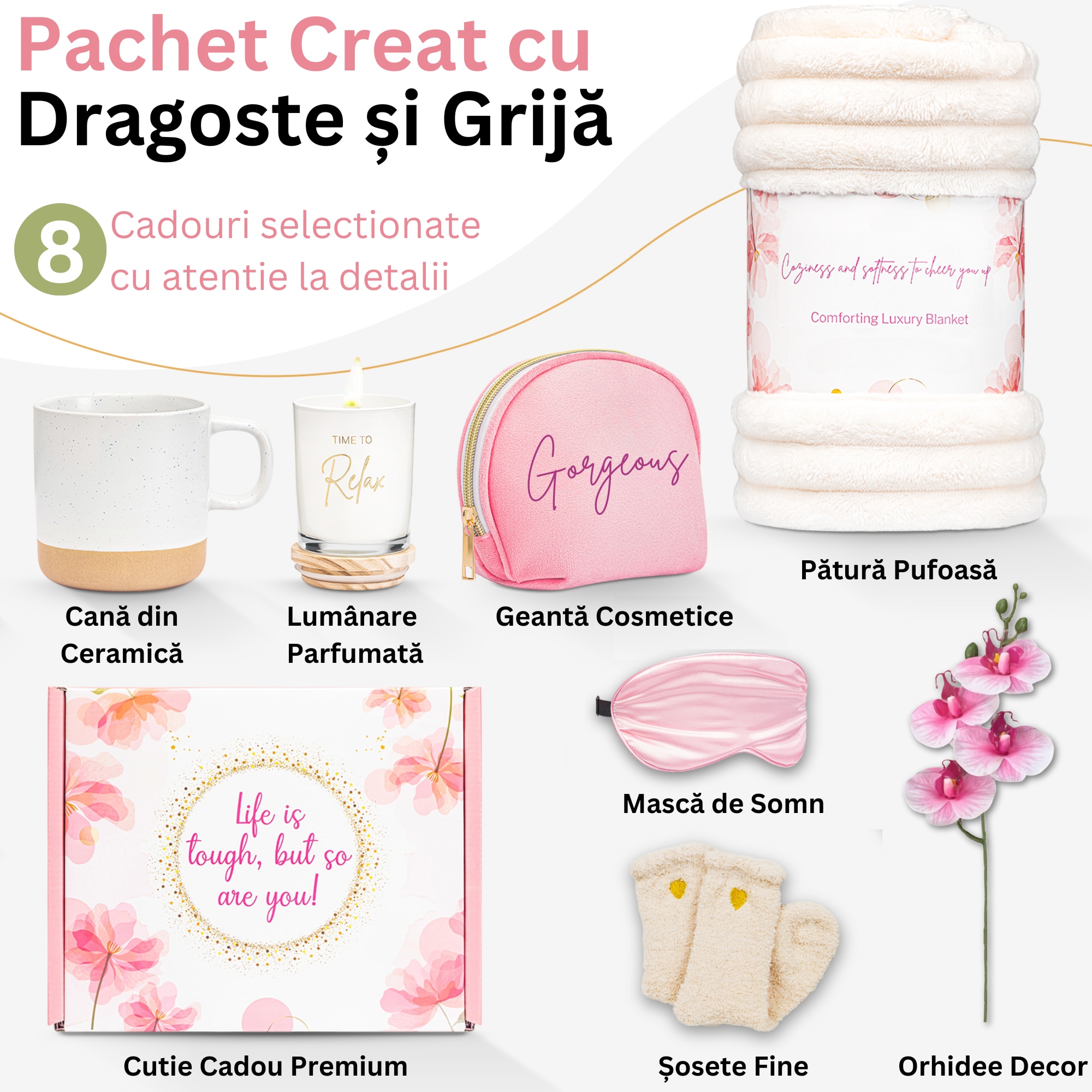Set cadou pentru femei, 8 Produse premium, Cadonique®, Patura pufoasa ...