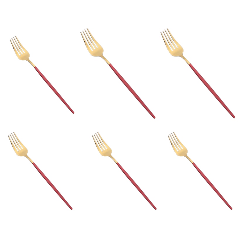 Set 6 furculite, Inox, 21, 5x2, 7 cm, Auriu/Rosu - eMAG.ro
