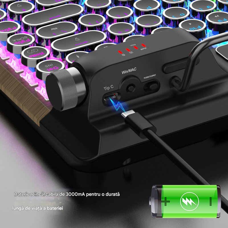 Tastatura mecanica retro PZCC, iluminare colorata, conexiune 2.4G ...