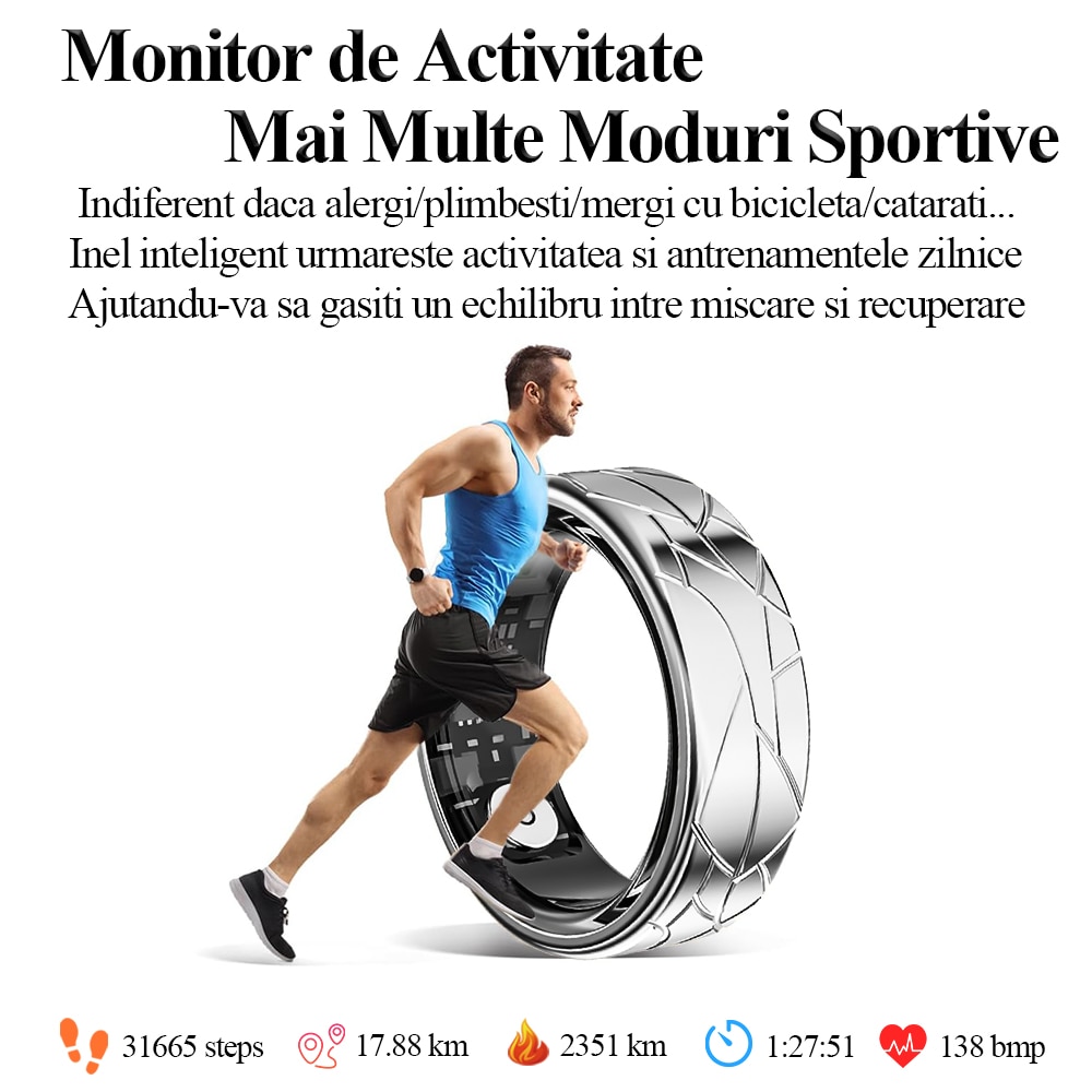 Inel inteligent din otel inoxidabil, monitorizare somn si ritm cardiac ...