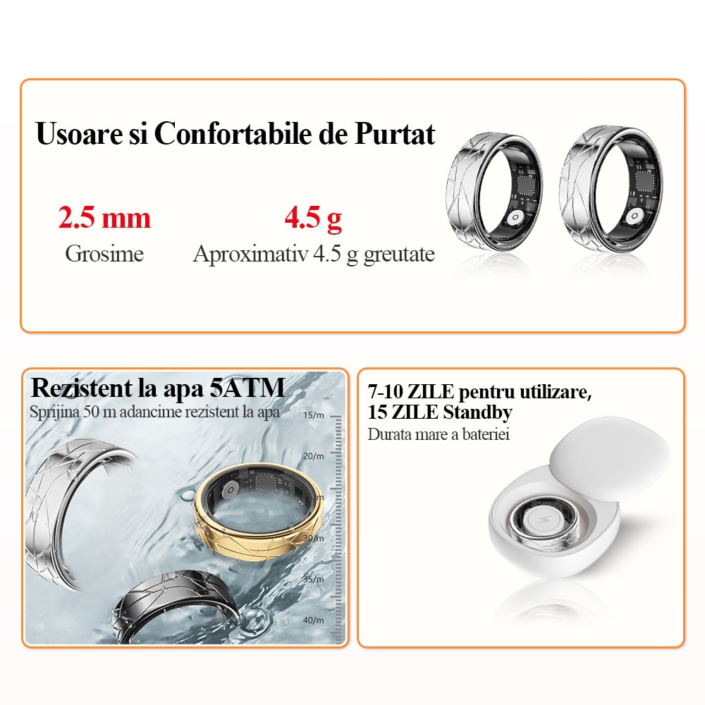 Inel inteligent din otel inoxidabil, monitorizare somn si ritm cardiac ...