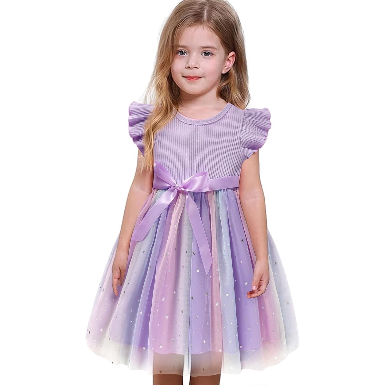 Rochie fete, din bumbac, evazata, aplicatii stralucitoare, funda din ...