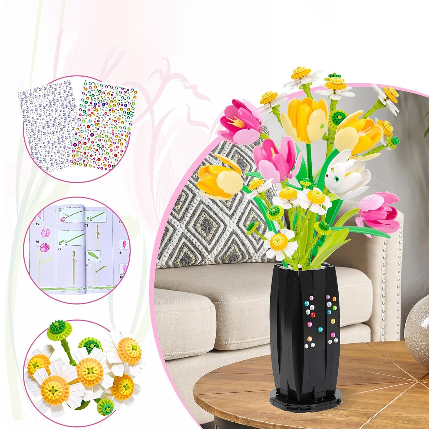 Set de constructie flori artificiale, 1250 piese, buchet de lalele ...
