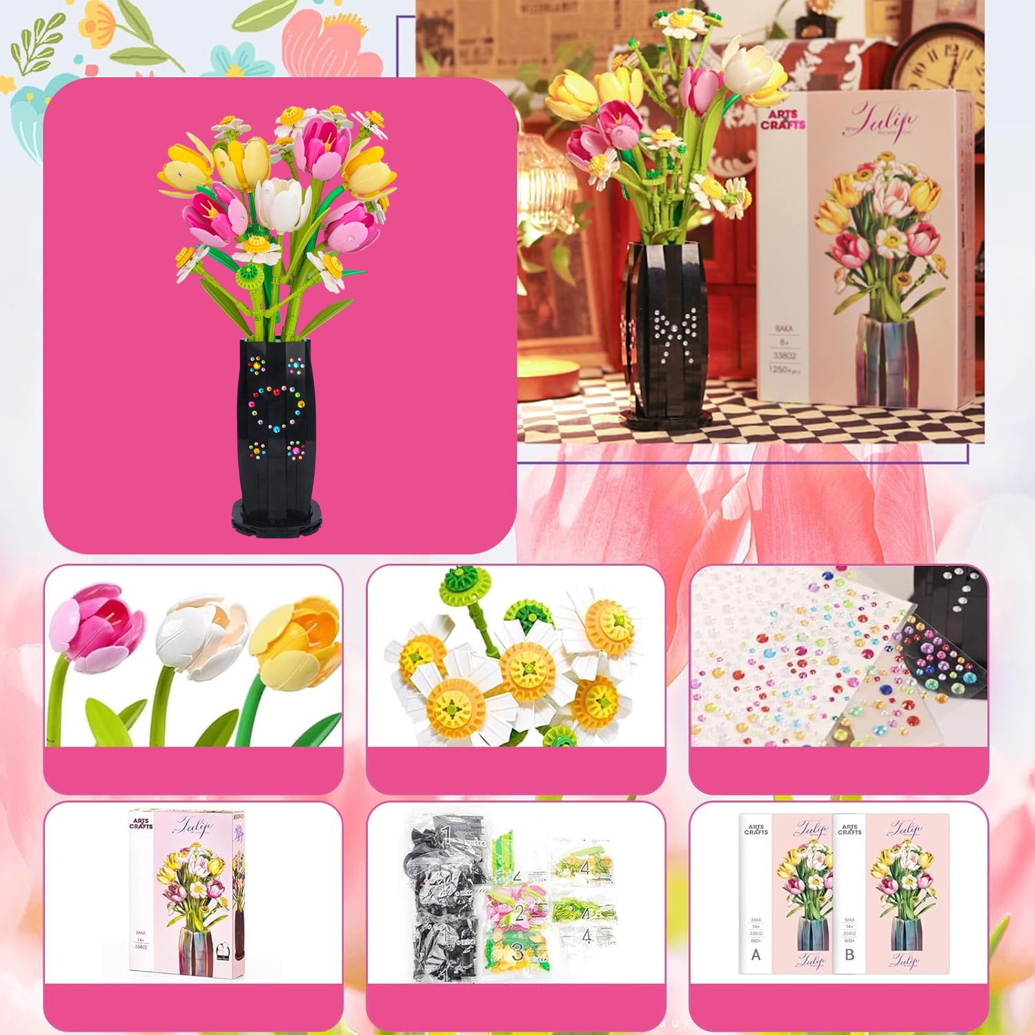 Set de constructie flori artificiale, 1250 piese, buchet de lalele ...