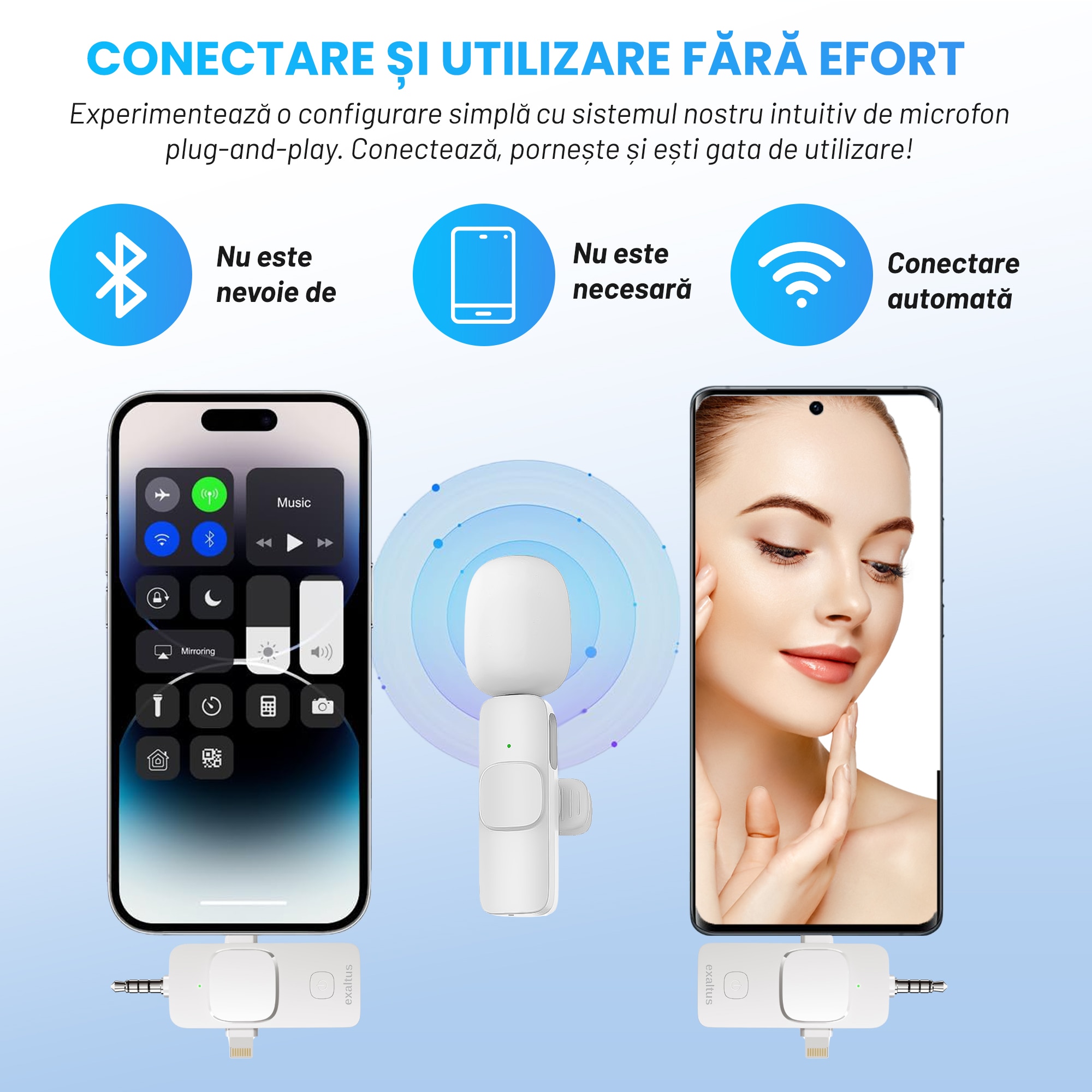 Set 2 microfoane profesionale lavaliera, Exaltus®, USB C, 3.5 Jack ...