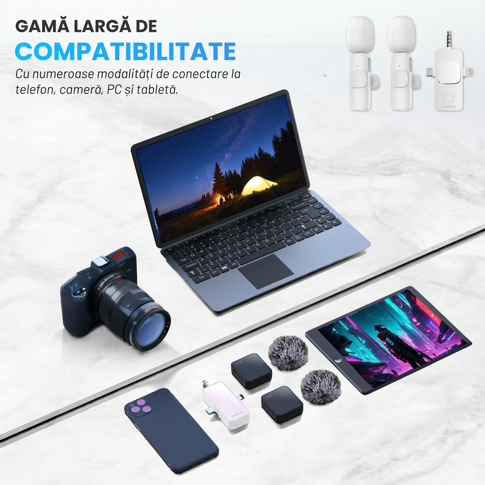 Set 2 microfoane profesionale lavaliera, Exaltus®, USB C, 3.5 Jack ...