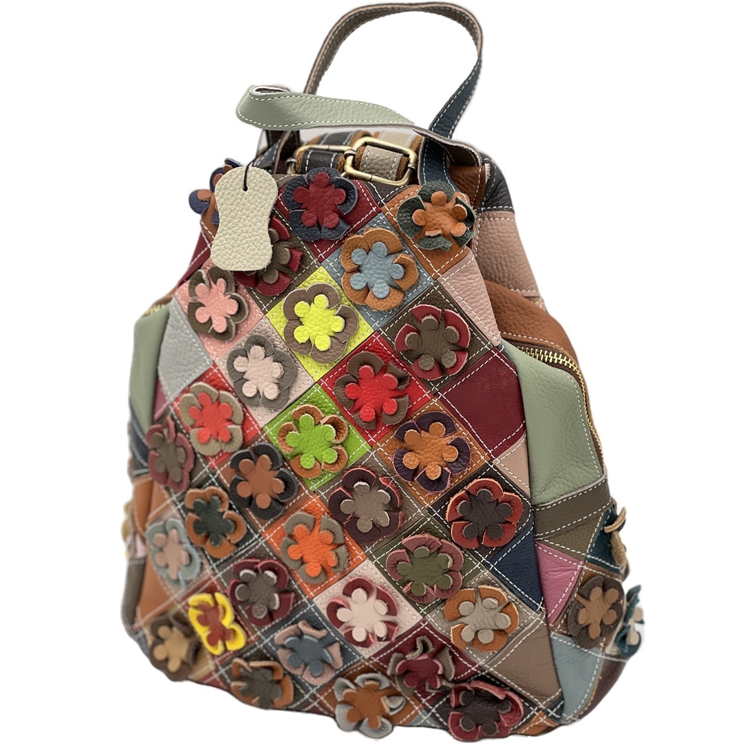 Rucsac de Dama din Piele Naturala de Bovina, Design Modern cu Flori ...