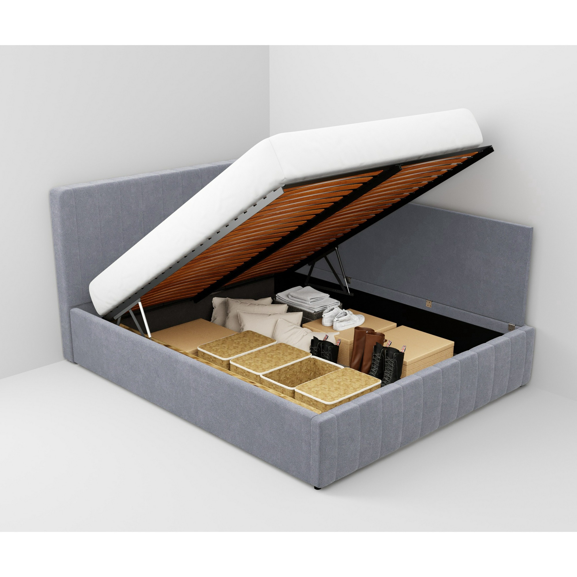 Pat tapitat de colt Maldive, cadru lemn si pal, 140x200 cm, gri, cu ...