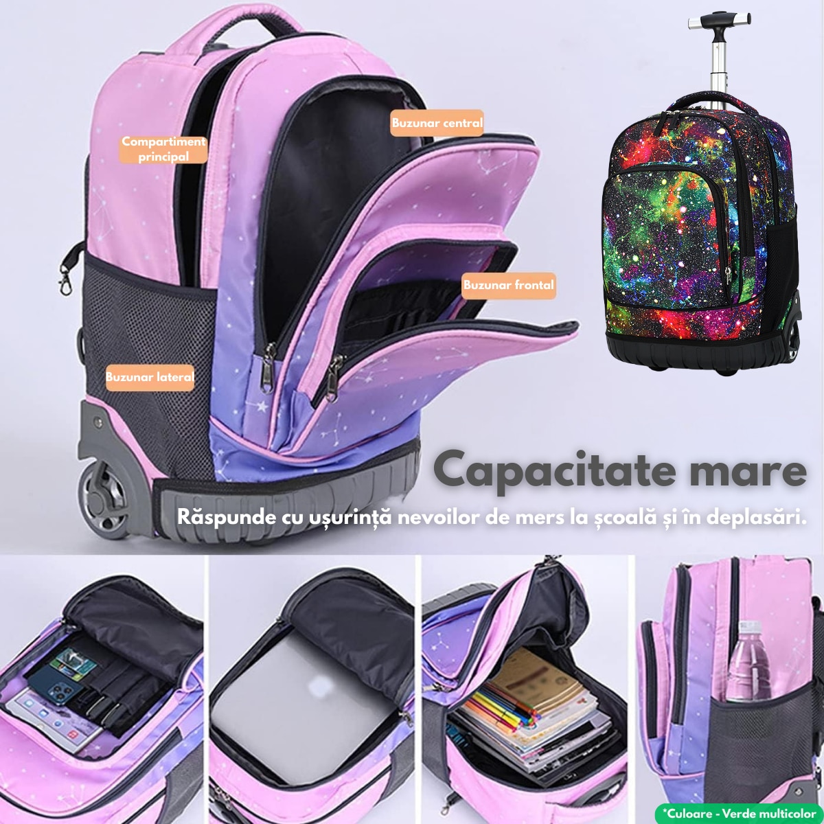 Ghiozdan Troler Multifunctional cu Rotile, Rucsac de Capacitate Mare ...