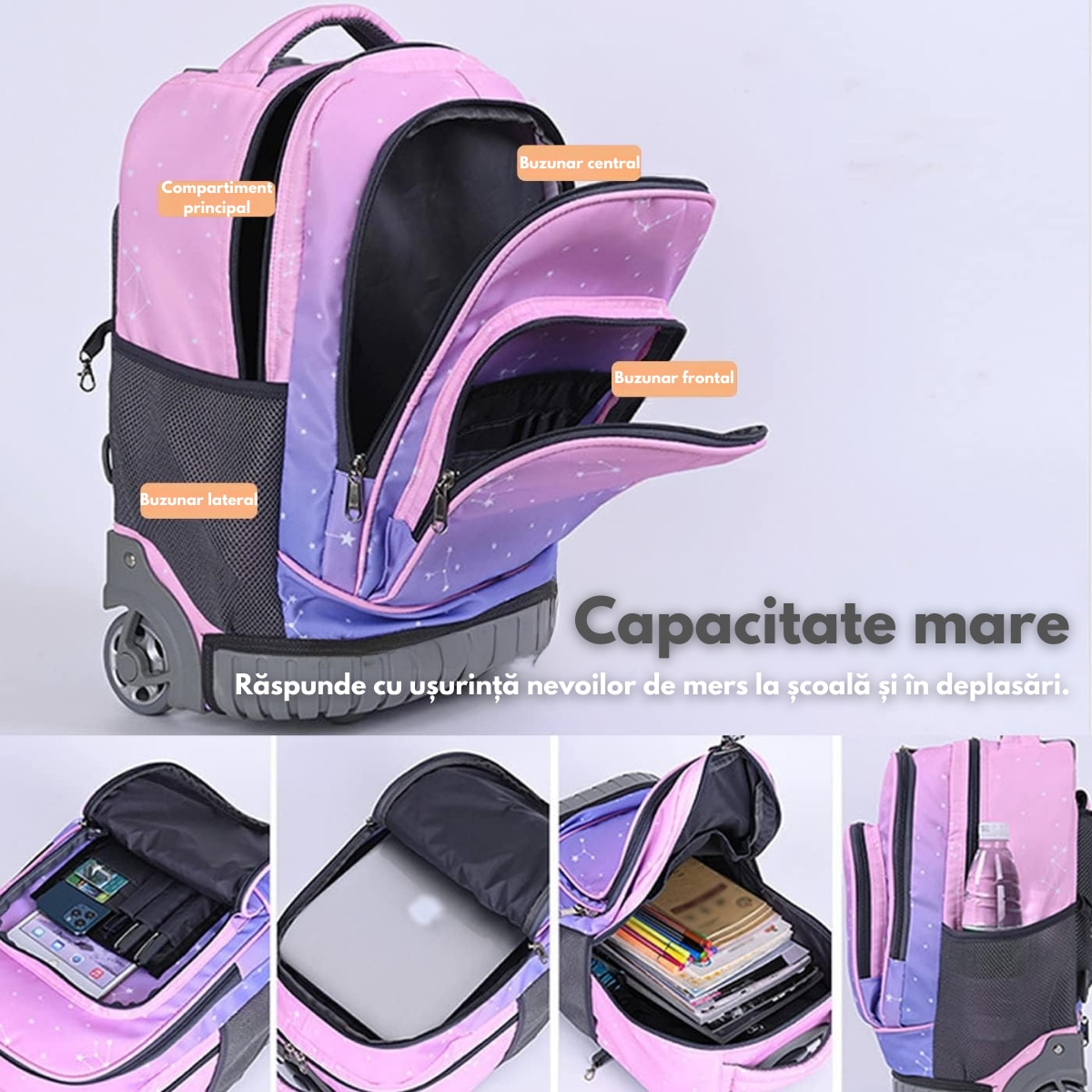 Ghiozdan Troler Multifunctional cu Rotile, Rucsac de Capacitate Mare ...