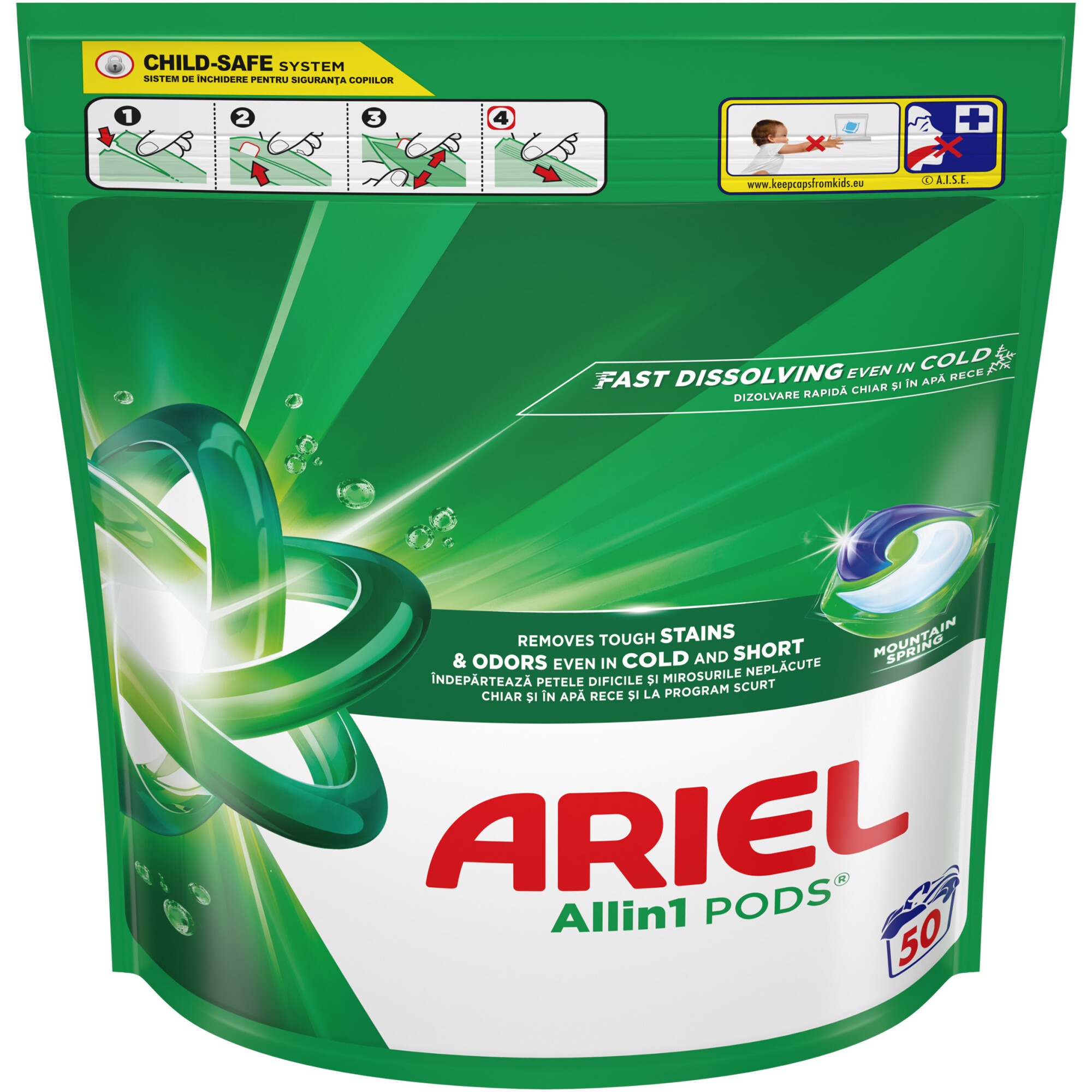 Detergent de rufe capsule Ariel Allin1 PODS Mountain Spring, 50 Spalari - eMAG.ro