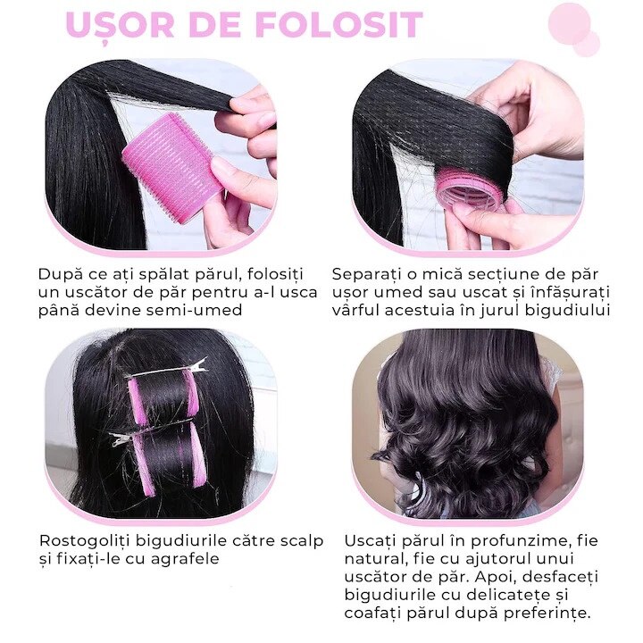 Set bigudiuri mari cu clips, 60mm, pentru par lung si gros, roz - eMAG.ro