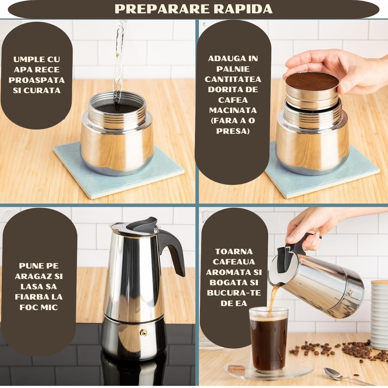 Espressor de Cafea pentru aragaz, design italian, Otel inoxidabil ...