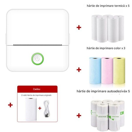 Imprimanta termica mini portabila X6, alba, cu 5 role de hartie termica ...