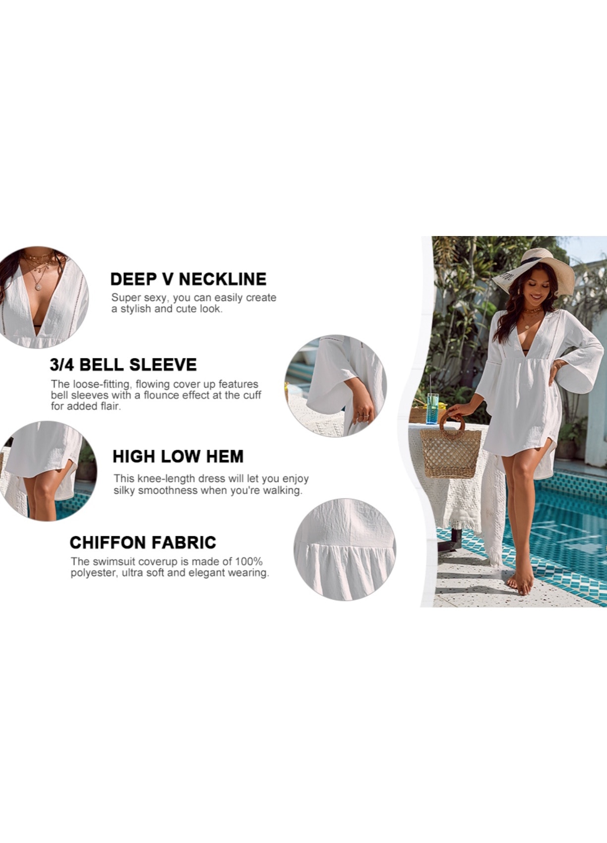 Rochie plaja pentru femei, V-neck, design cu maneci clopot, 100% ...