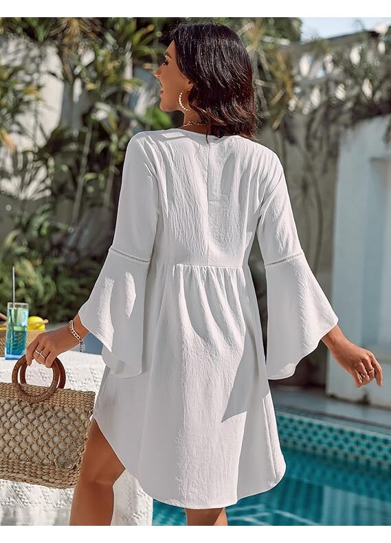 Rochie plaja pentru femei, V-neck, design cu maneci clopot, 100% ...