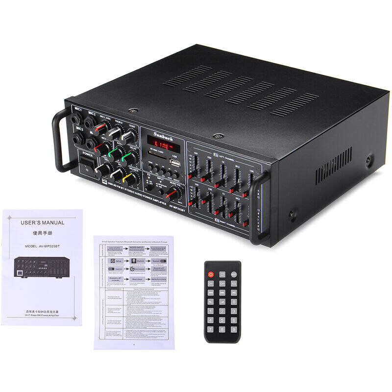 Amplificator audio 325BT, 2000W, Bluetooth, negru, 26x29x10cm, cu telecomanda si radio FM - eMAG.ro