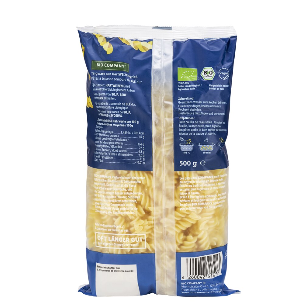 Paste Bio Fusilli din Grau Dur Bio Company 500 g - eMAG.ro