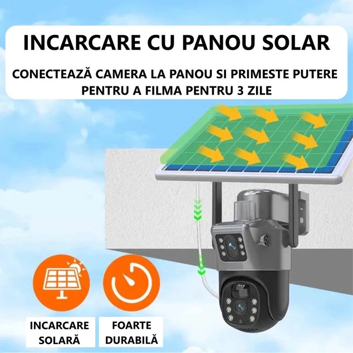Camera Supraveghere Video Duala cu incarcare solara, Conexiune WIFI ...
