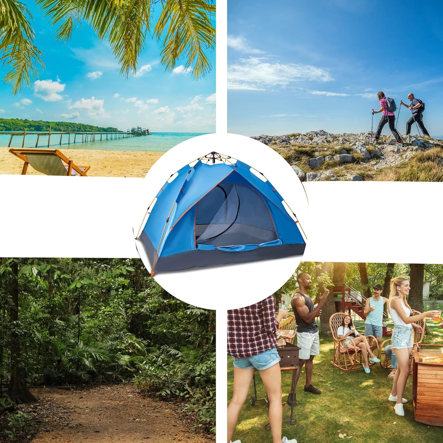 Cort camping automat, 3-4 persoane, impermeabil, albastru ...