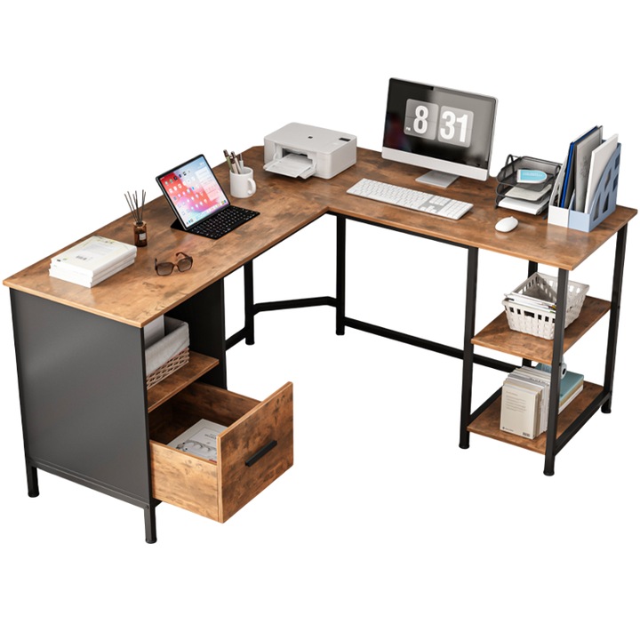 Rebiko Birou de colt in forma de L, cadru din otel, 150x137x75cm ...