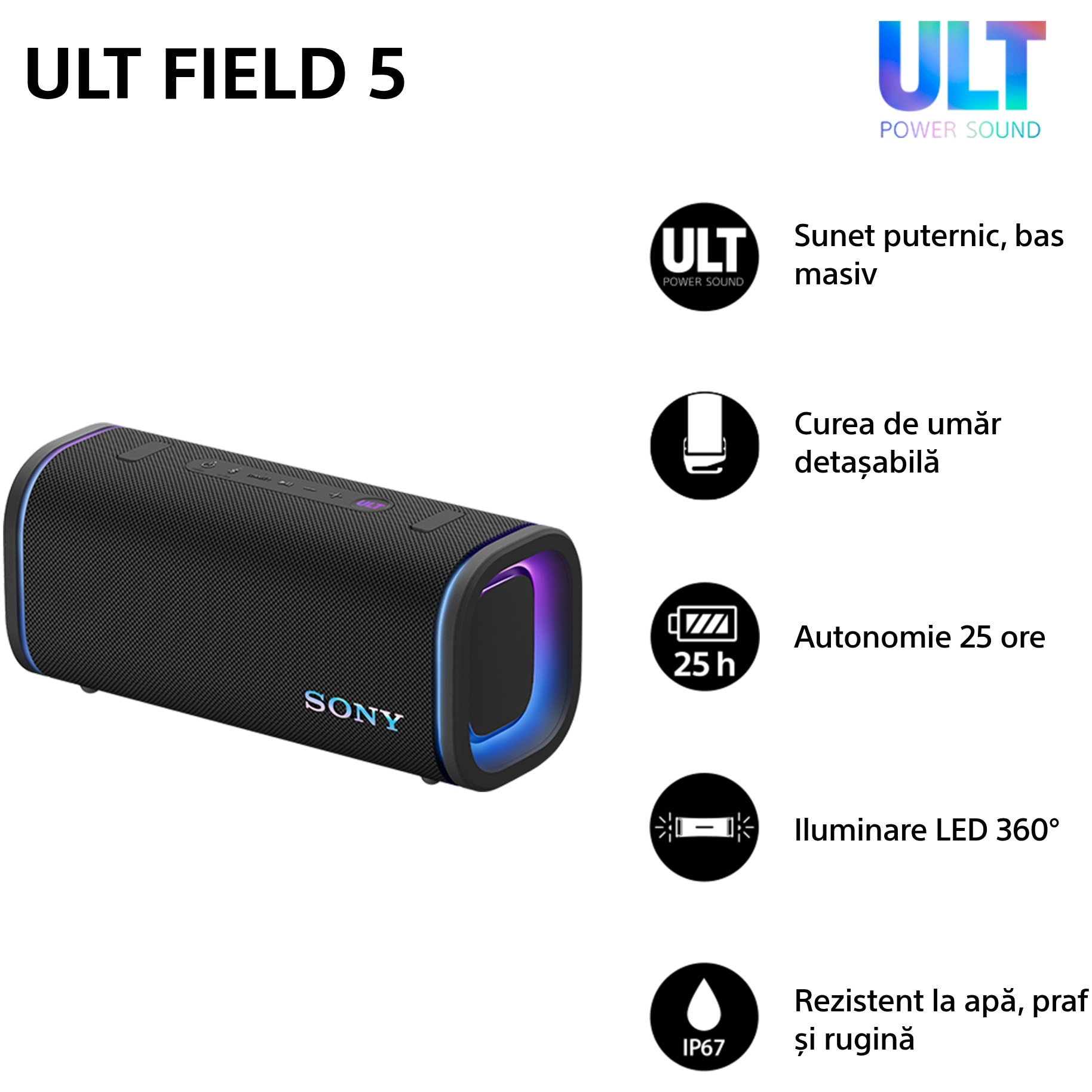 Boxa portabila Sony ULT FIELD 5 SRS-ULT50B, Bluetooth 5.3, 2 moduri ULT ...