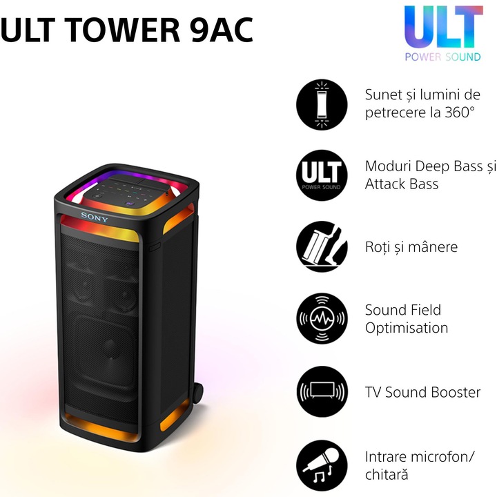 Sistem audio Sony ULT TOWER 9AC, Bluetooth 5.3, 2 moduri ULT Power ...