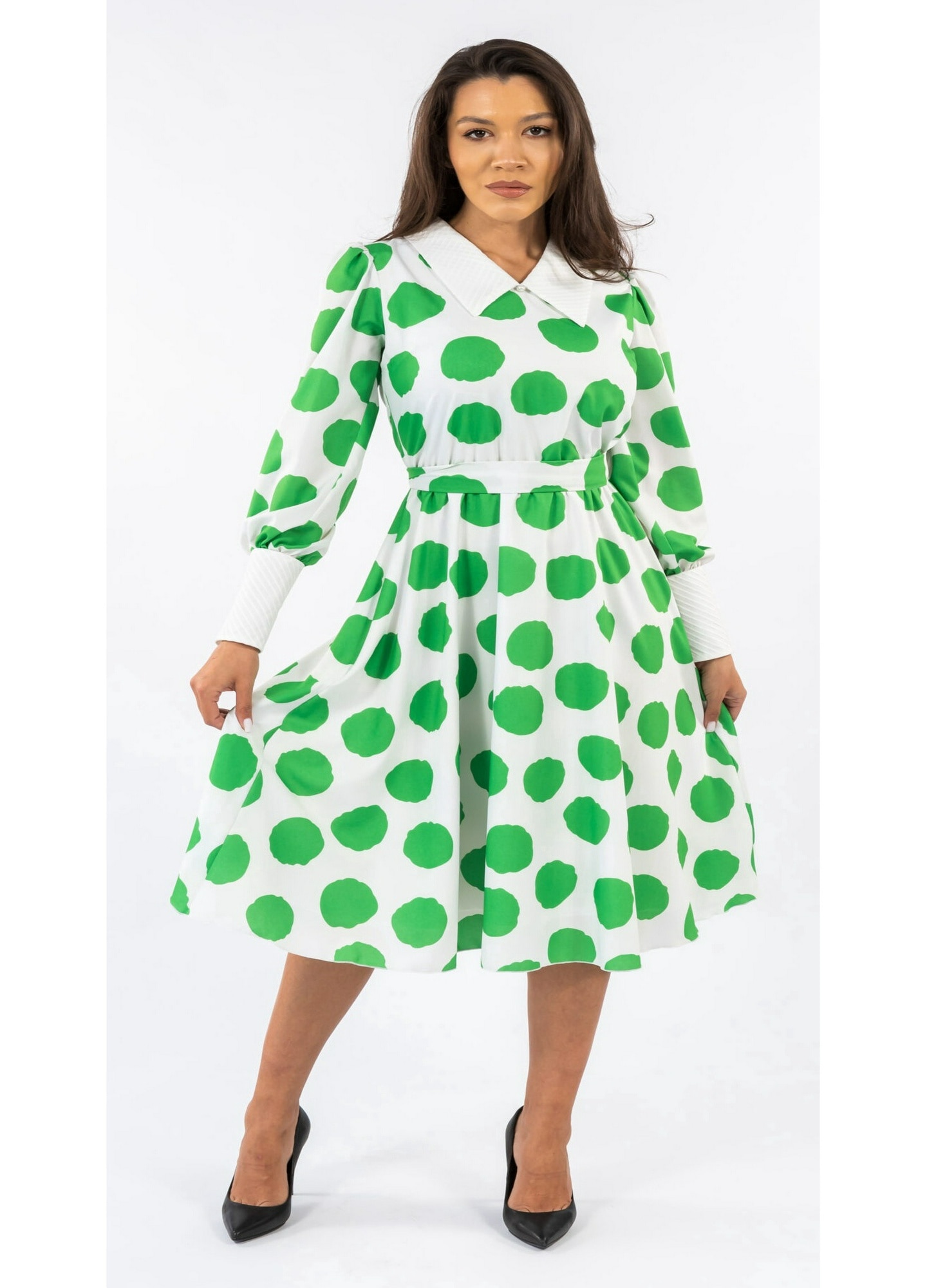 Rochie Alba cu Buline Verzi Nada - XL(42) - eMAG.ro