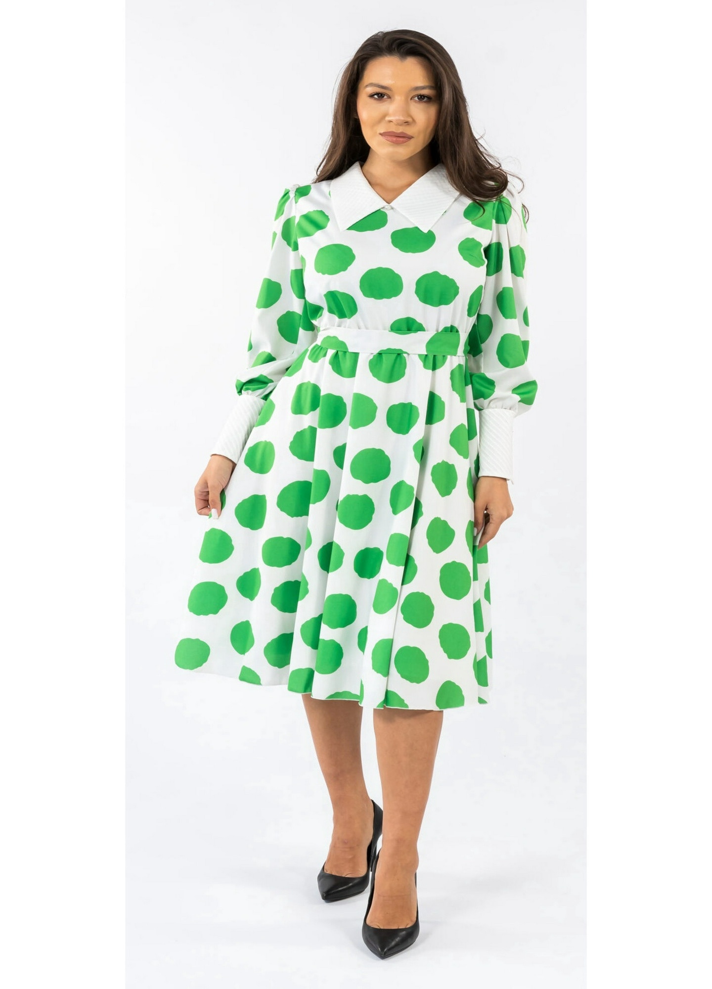 Rochie Alba cu Buline Verzi Nada - XL(42) - eMAG.ro