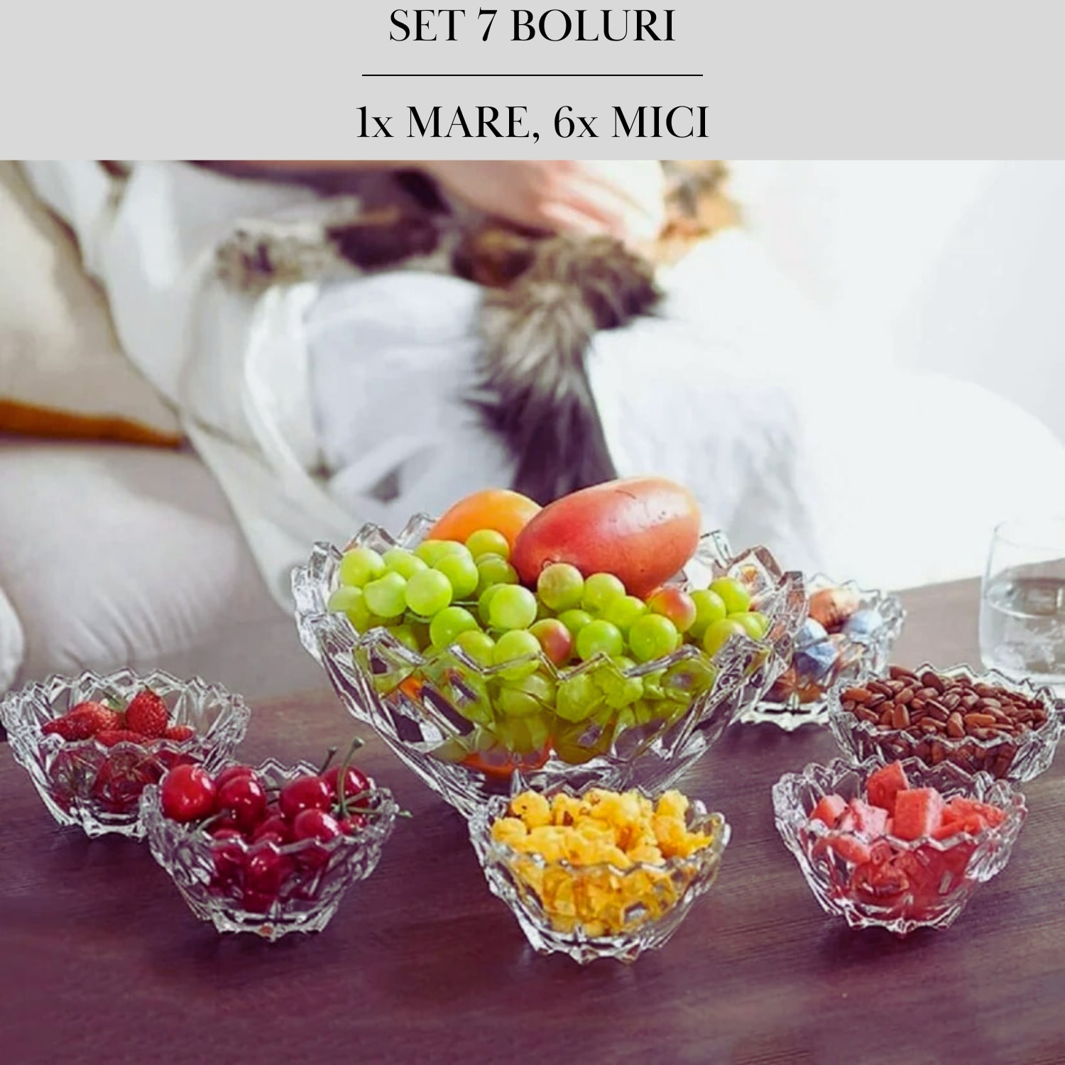 Set 7 Boluri Din Sticla ELARO, 1 Bol Mare, 6 Boluri Mici, Design ...