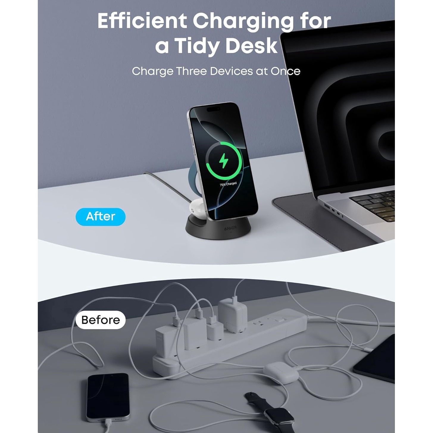 Incarcator wireless magnetic Anker MagGo 3-in-1 MagSafe Qi2 15W ...