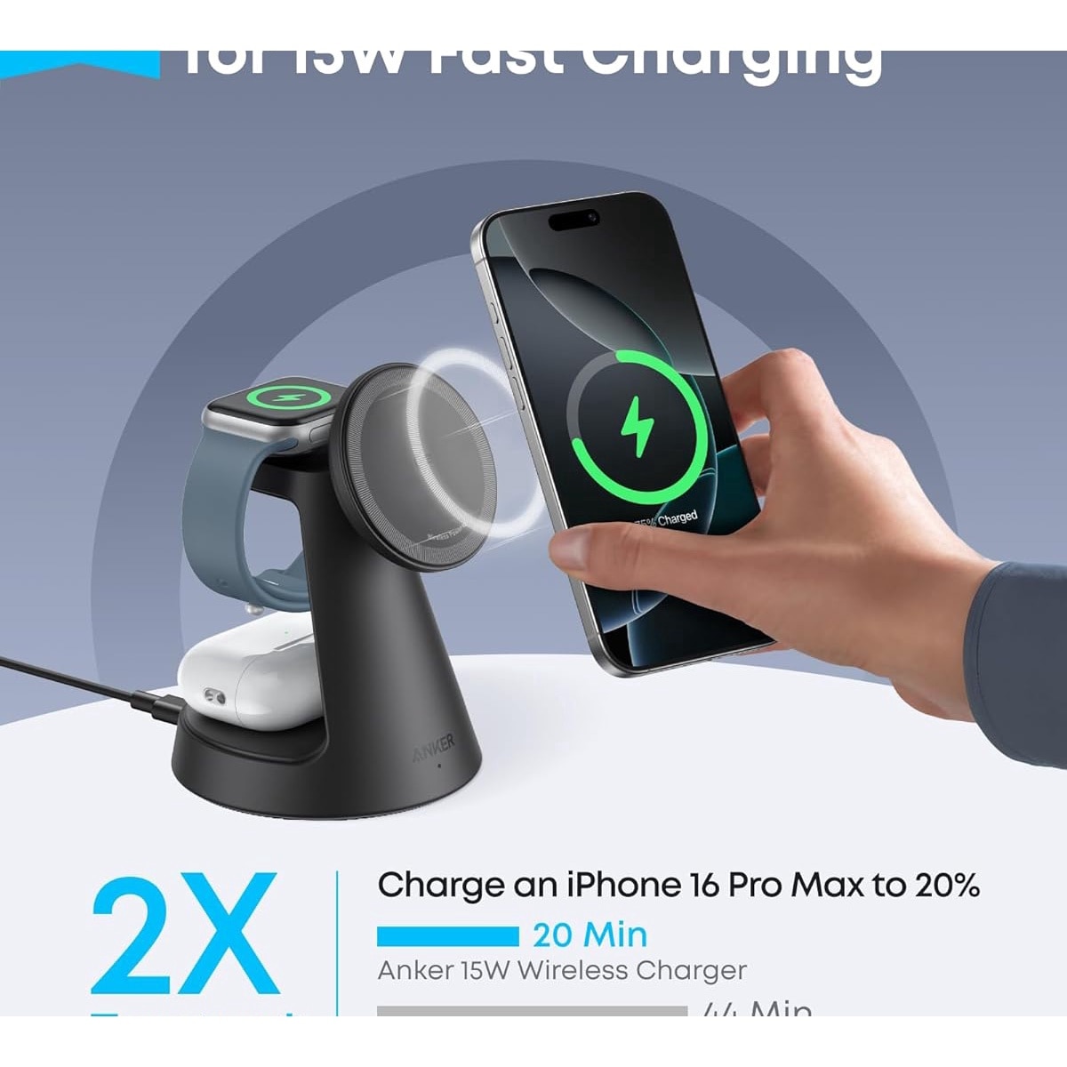 Incarcator wireless magnetic Anker MagGo 3-in-1 MagSafe Qi2 15W ...