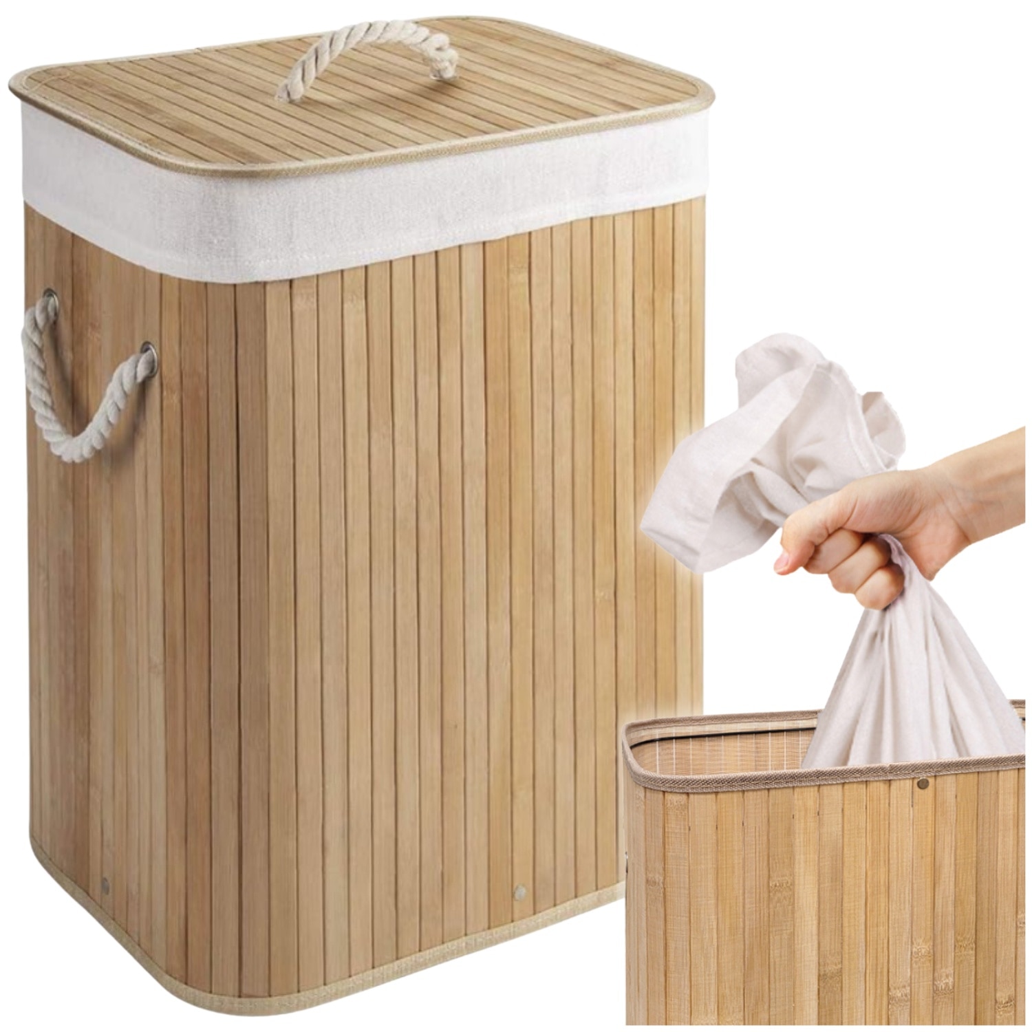 Cos de rufe, ZOLTA, bambus, capac, 80l, 60x42.5x32.5cm - eMAG.ro