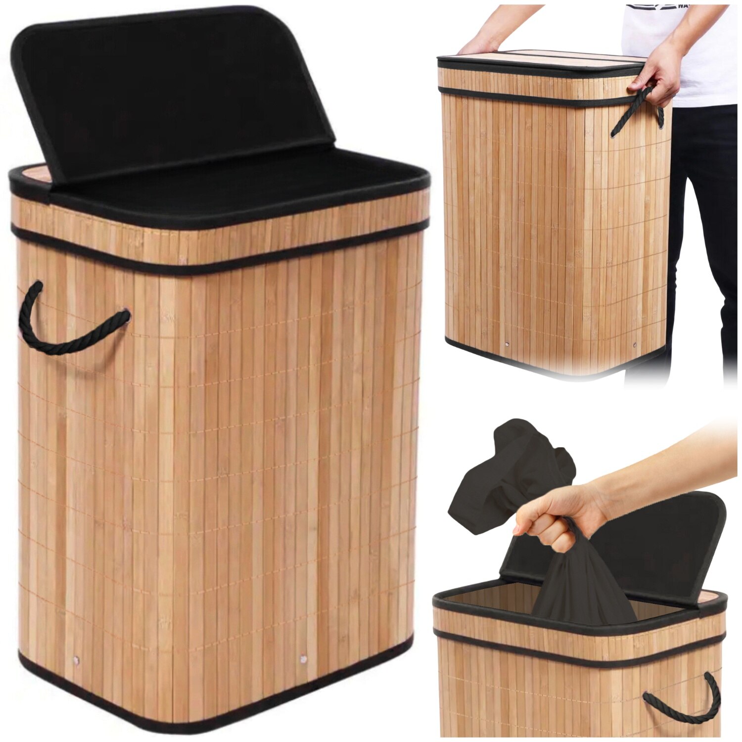 Cos de rufe, More&Deco, bambus, capac, 80L, 60x42.5x32cm, multicolor ...