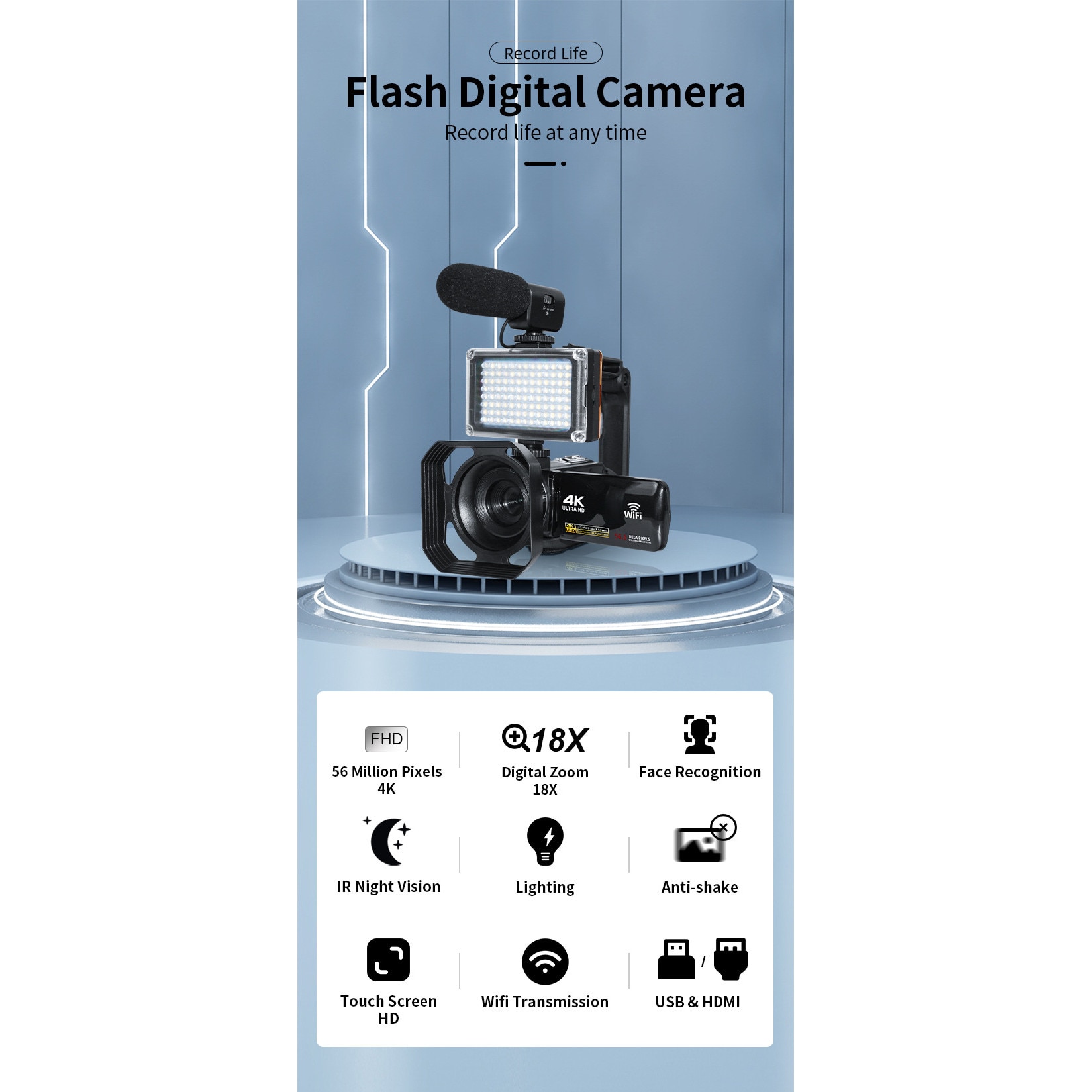 Camera video, 4K, cu microfon rezistent la vant si lumina de umplere ...