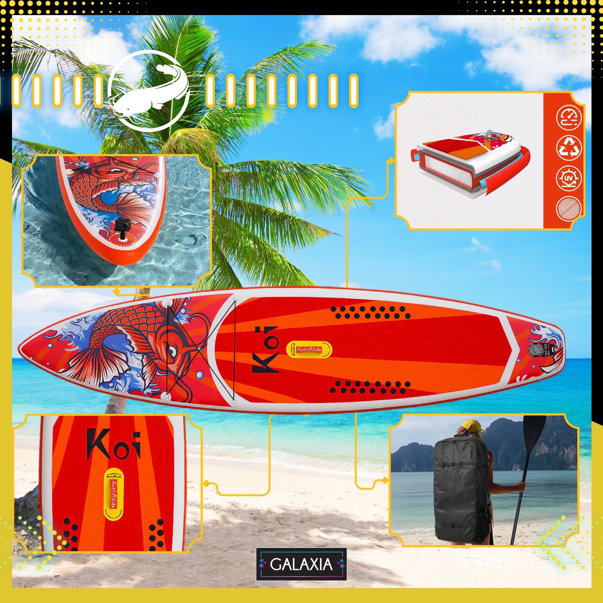 Надуваема дъска за гребане в изправено положение FunWater® KOI 350×83×15cm, с гребло, помпа ...