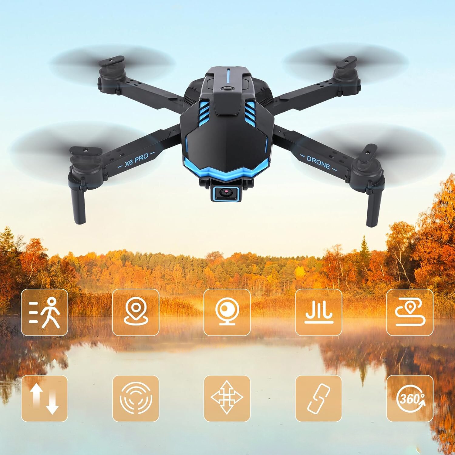 Drone cu camera 1080P HD, model X6 PRO, 2 baterii, design pliabil ...