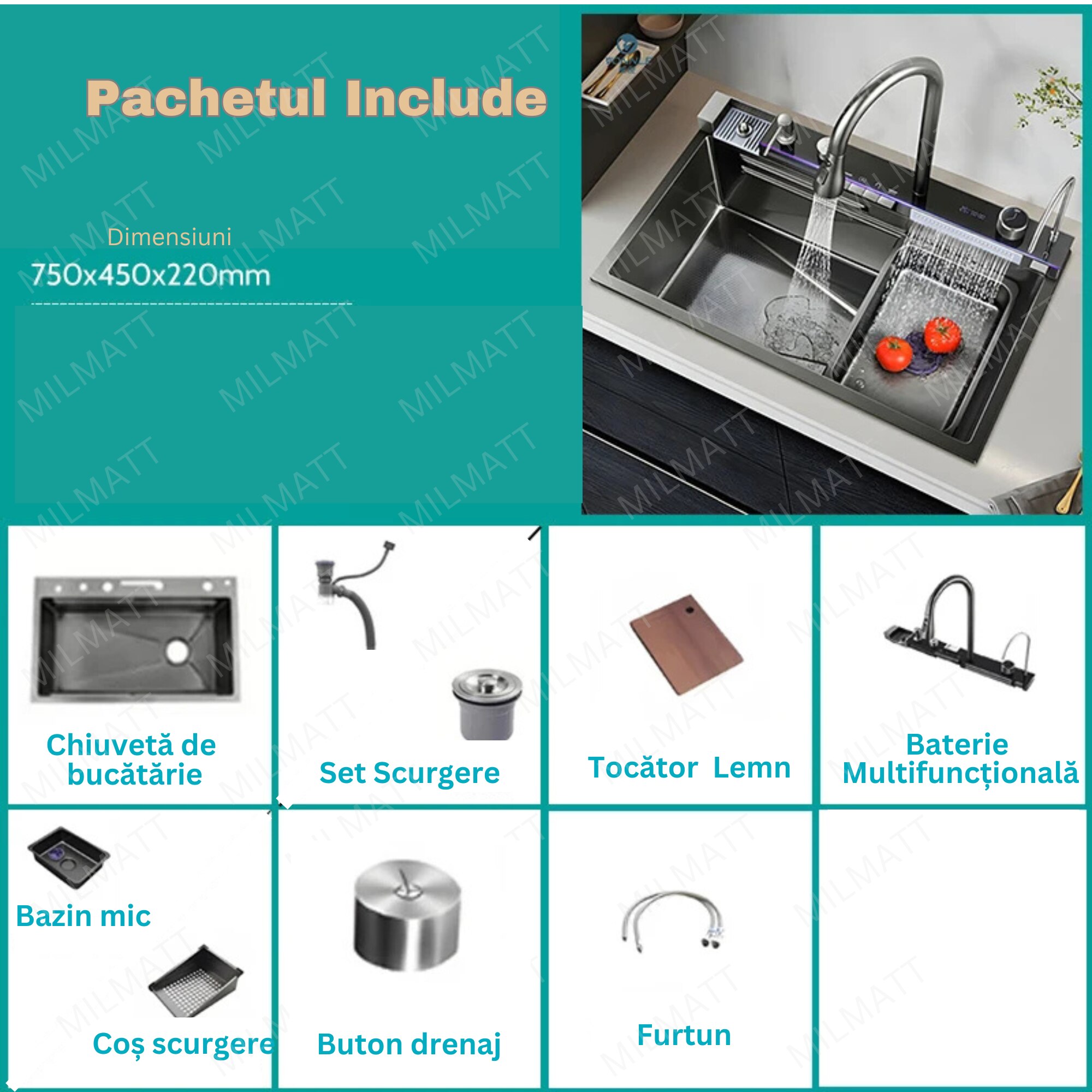 Set chiuveta bucatarie, Milmatt, Originala, multifunctionala, cu afisaj ...