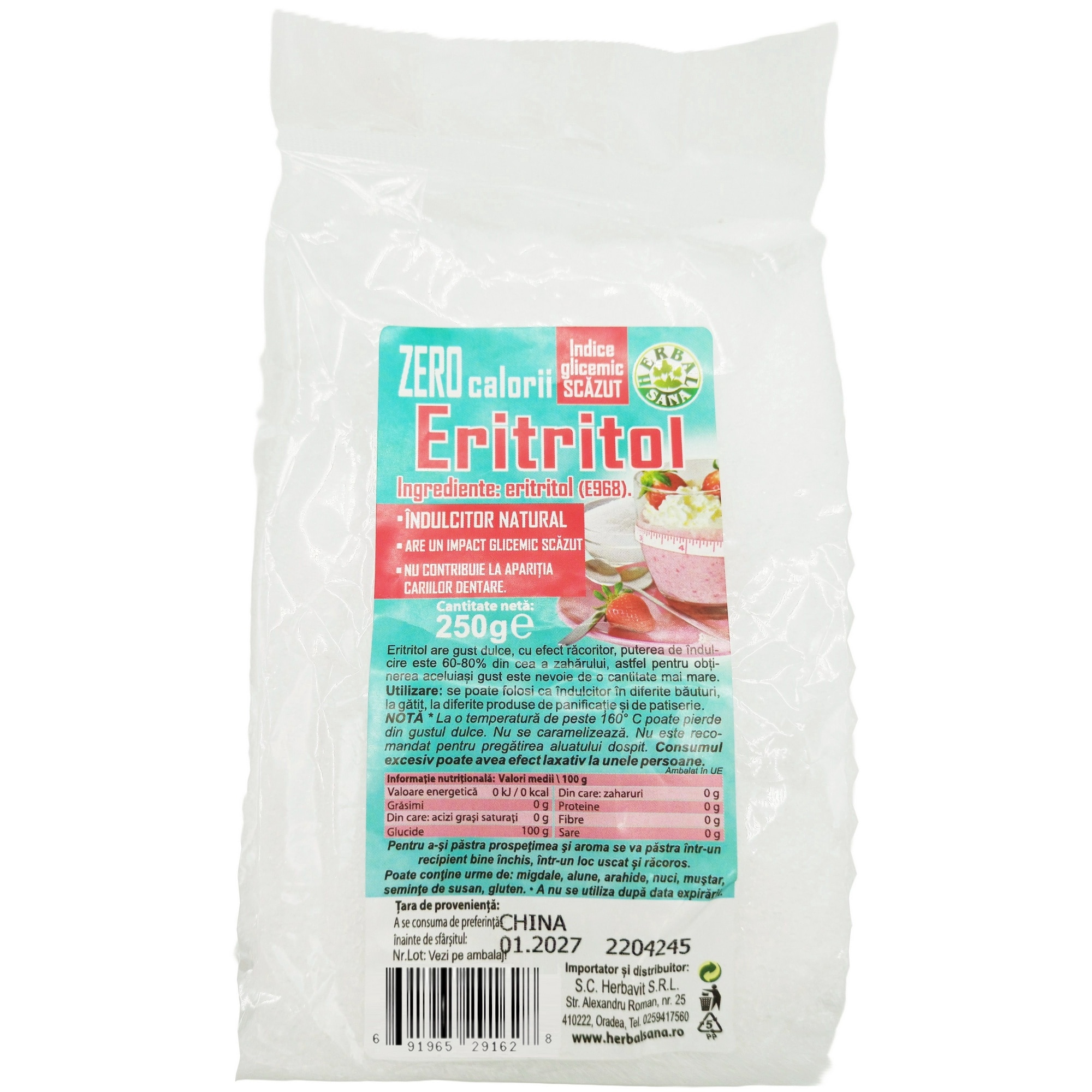 Eritritol indulcitor natural, inlocuitor zahar, 0 calorii, 250g ...