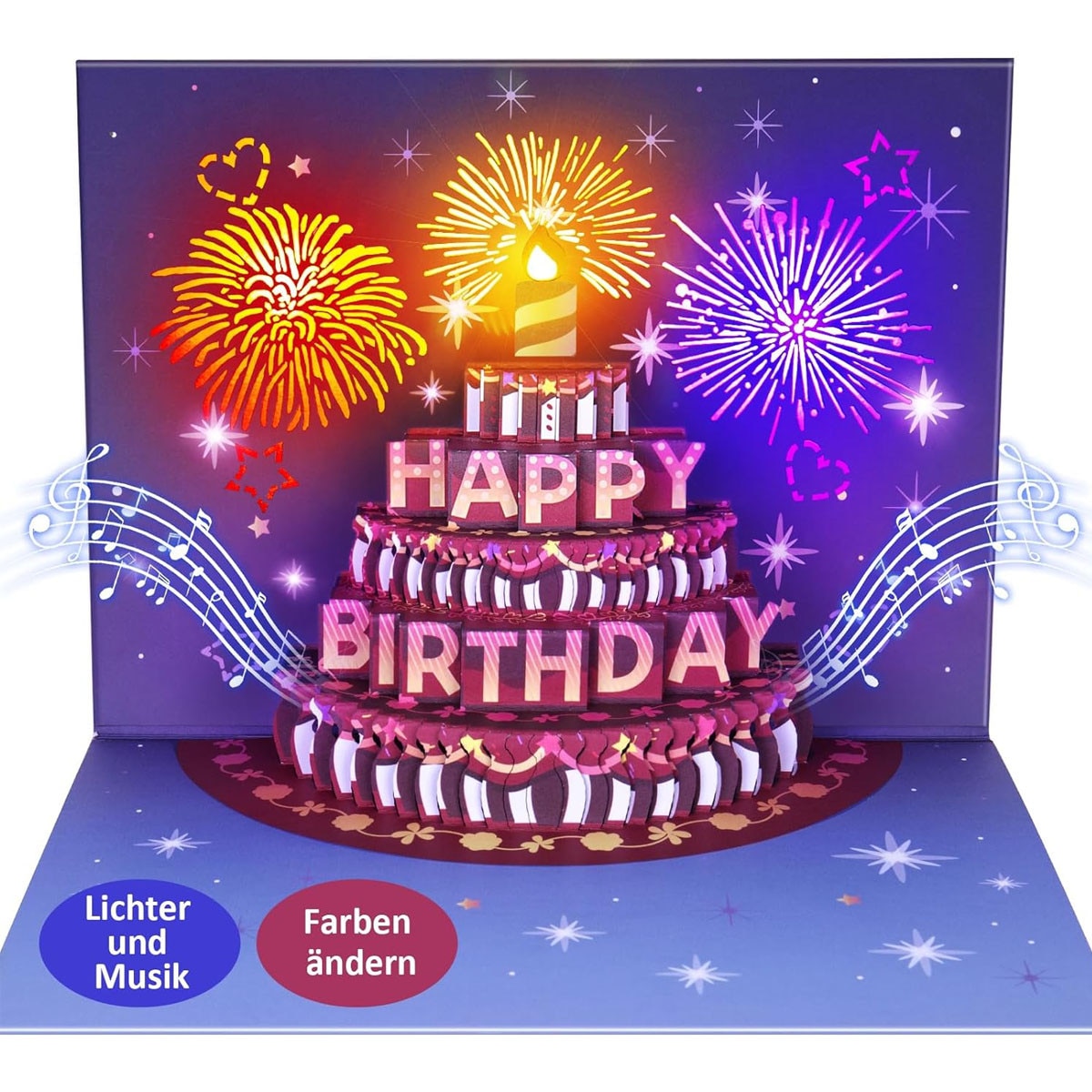 Felicitare de ziua de nastere 3D cu tort, lumini si muzica, set cu plic ...