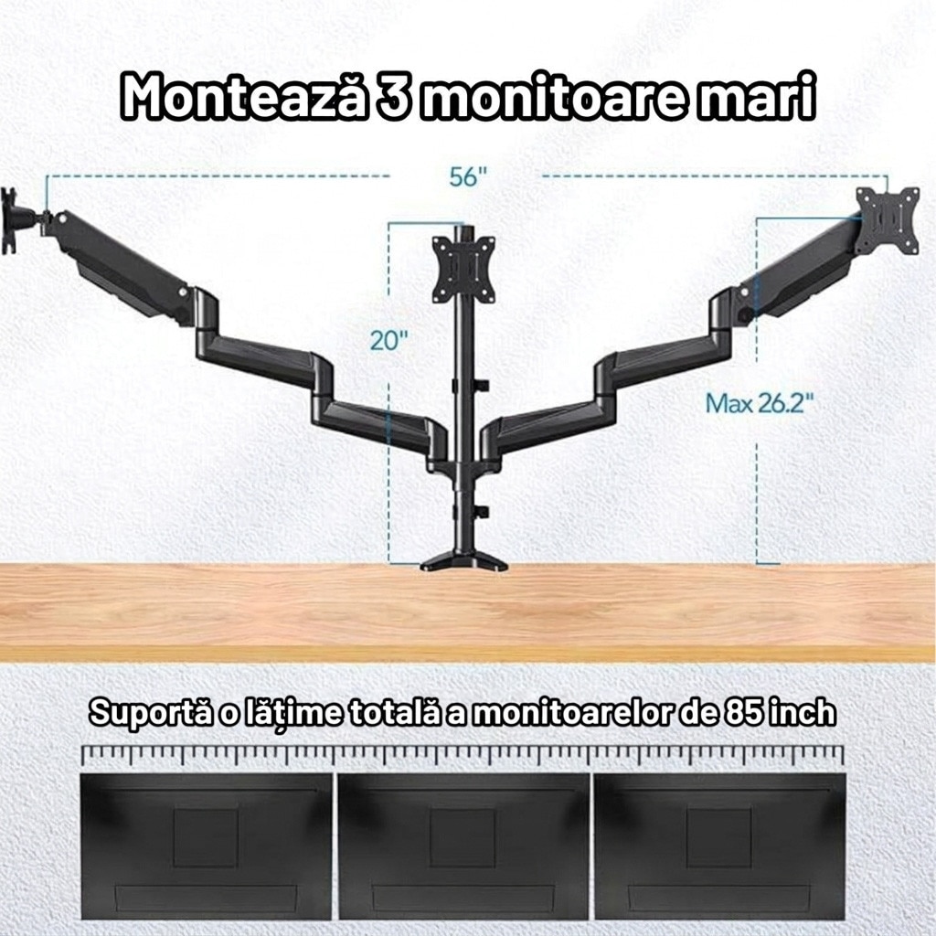Suport 3 Monitoare Premium pentru Birou 17-32" inch, Arc pe Gaz, pentru ...