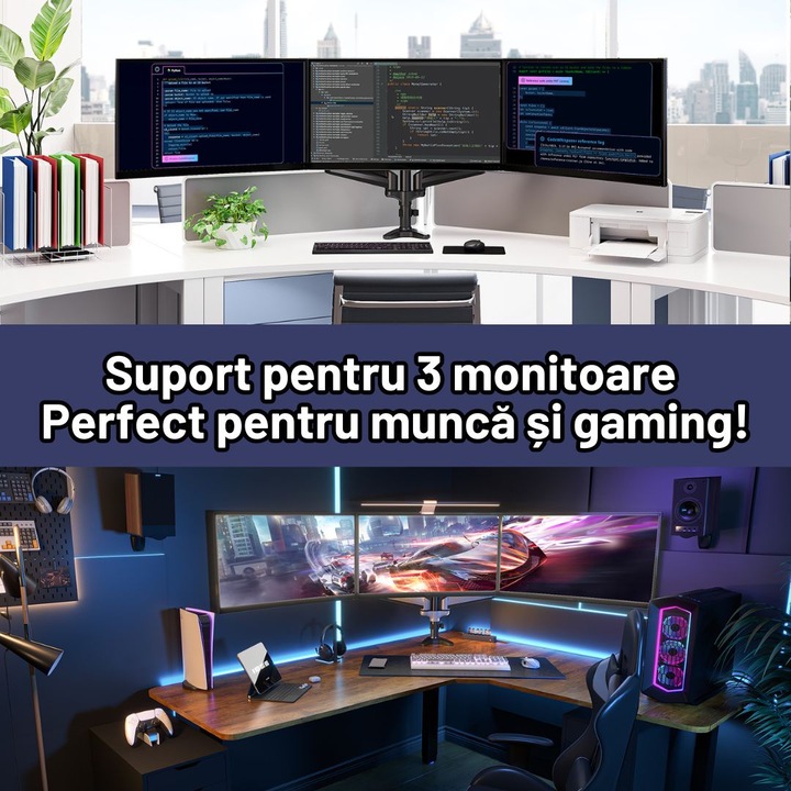 Suport 3 Monitoare Premium pentru Birou 17-32" inch, Arc pe Gaz, pentru ...