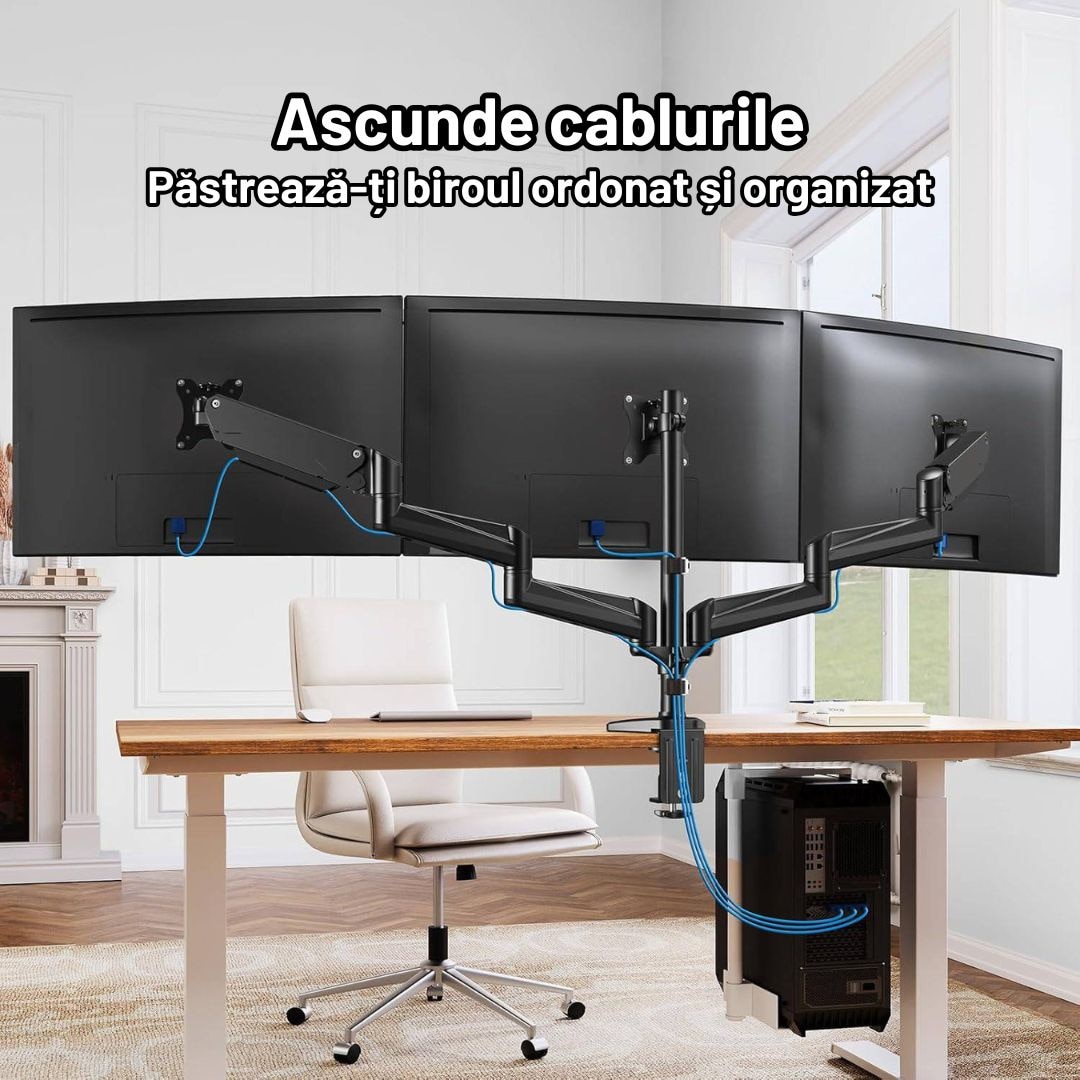 Suport 3 Monitoare Premium pentru Birou 17-32" inch, Arc pe Gaz, pentru ...