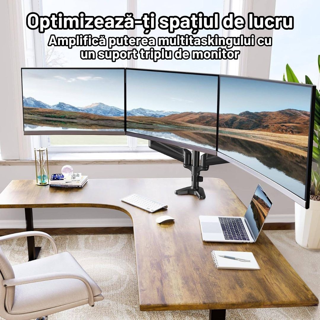 Suport 3 Monitoare Premium pentru Birou 17-32" inch, Arc pe Gaz, pentru ...