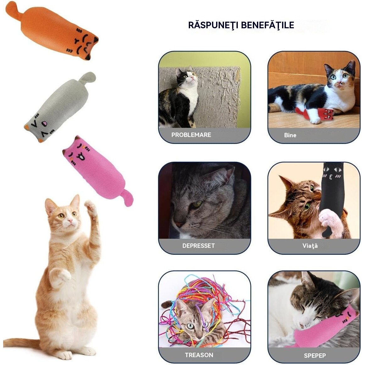 Set 5 jucarii pentru pisici in forma de pisicute vesele Happy Meow ...